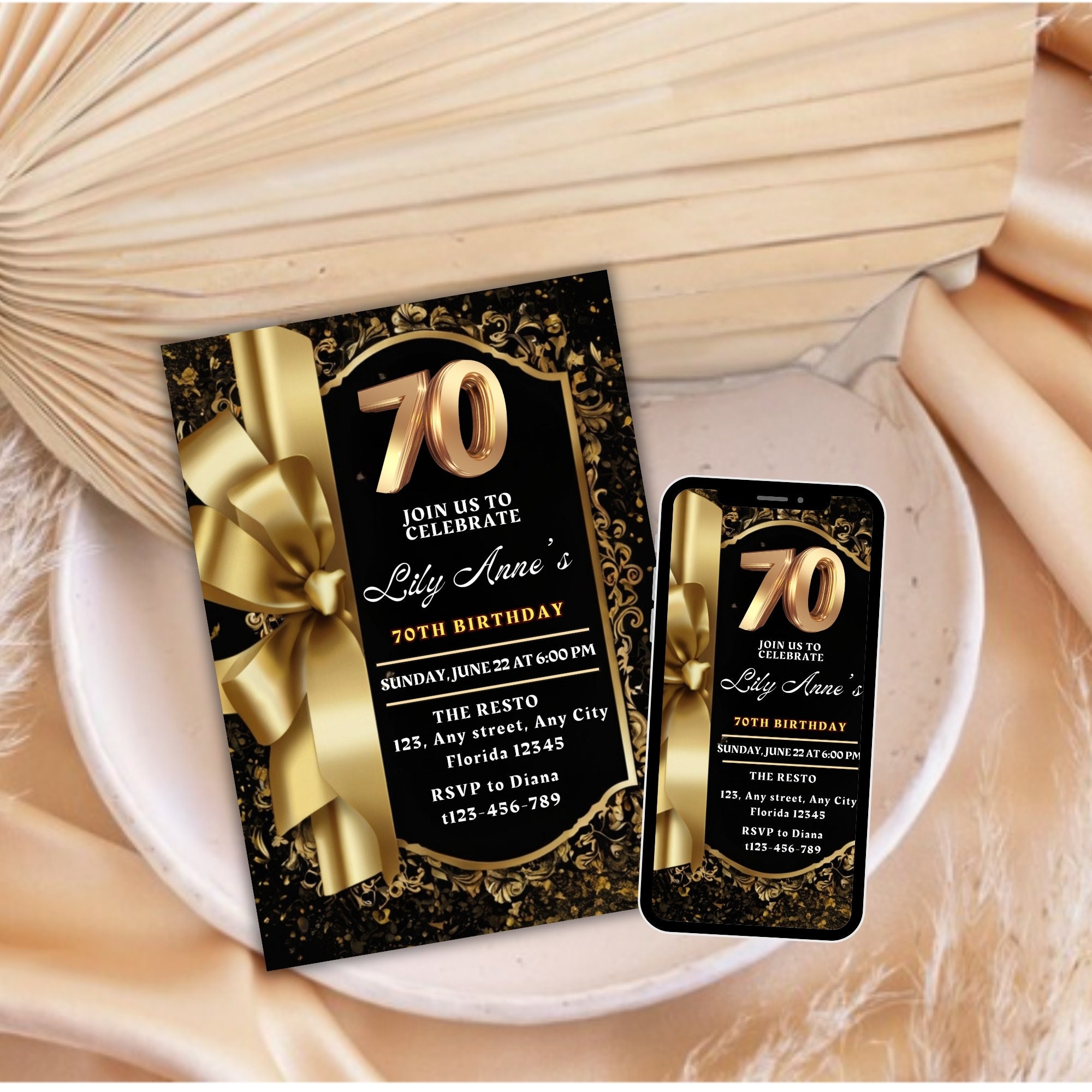 Black and Gold 70th Birthday Invitations Black and Gold Party Gold ...