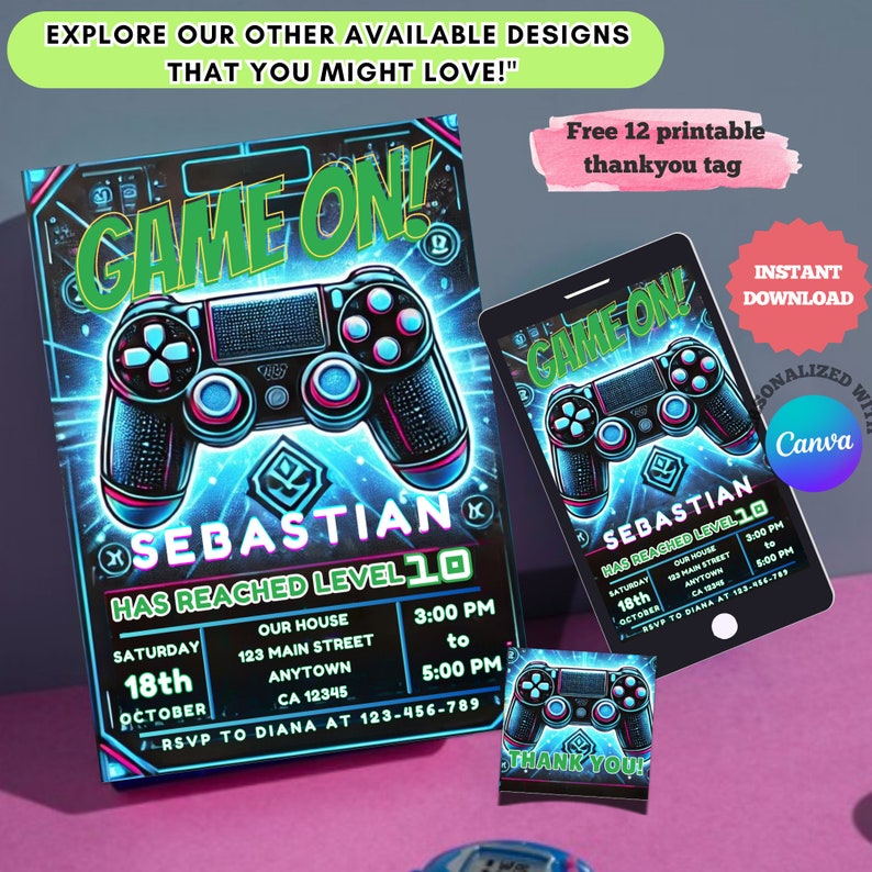 Video Game Truck Birthday Party Invitation Set Boy Canva DIY Printable ...