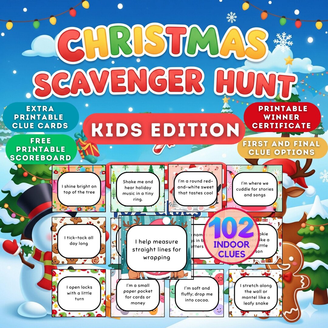 Christmas Scavenger Hunt Game: 102 Printable Holiday Clues (PDF ...