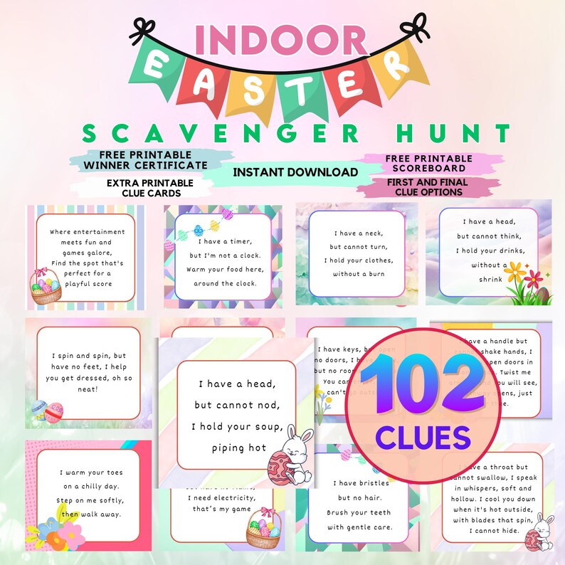 Printable Indoor Easter Scavenger Hunt-102 Clues Egg Hunt Fun Easter ...