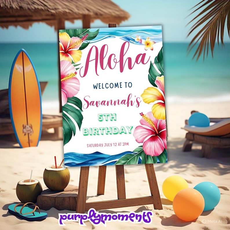 Hawaiian Luau Birthday Party Welcome Sign Tropical Aloha Theme Custom ...