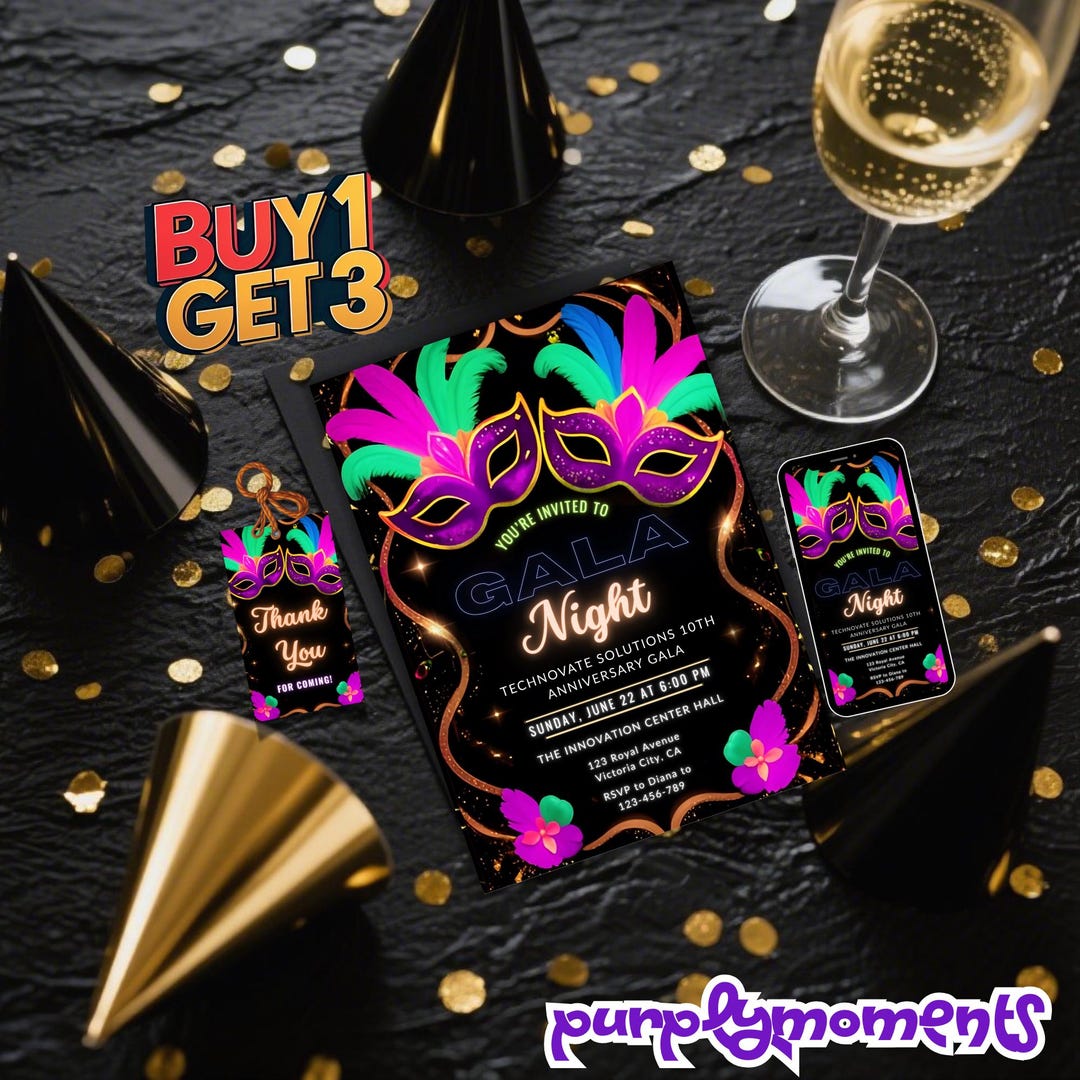 Masquerade Gala Night Invitation Set | Buy 1 Get 3 | Editable Digital ...