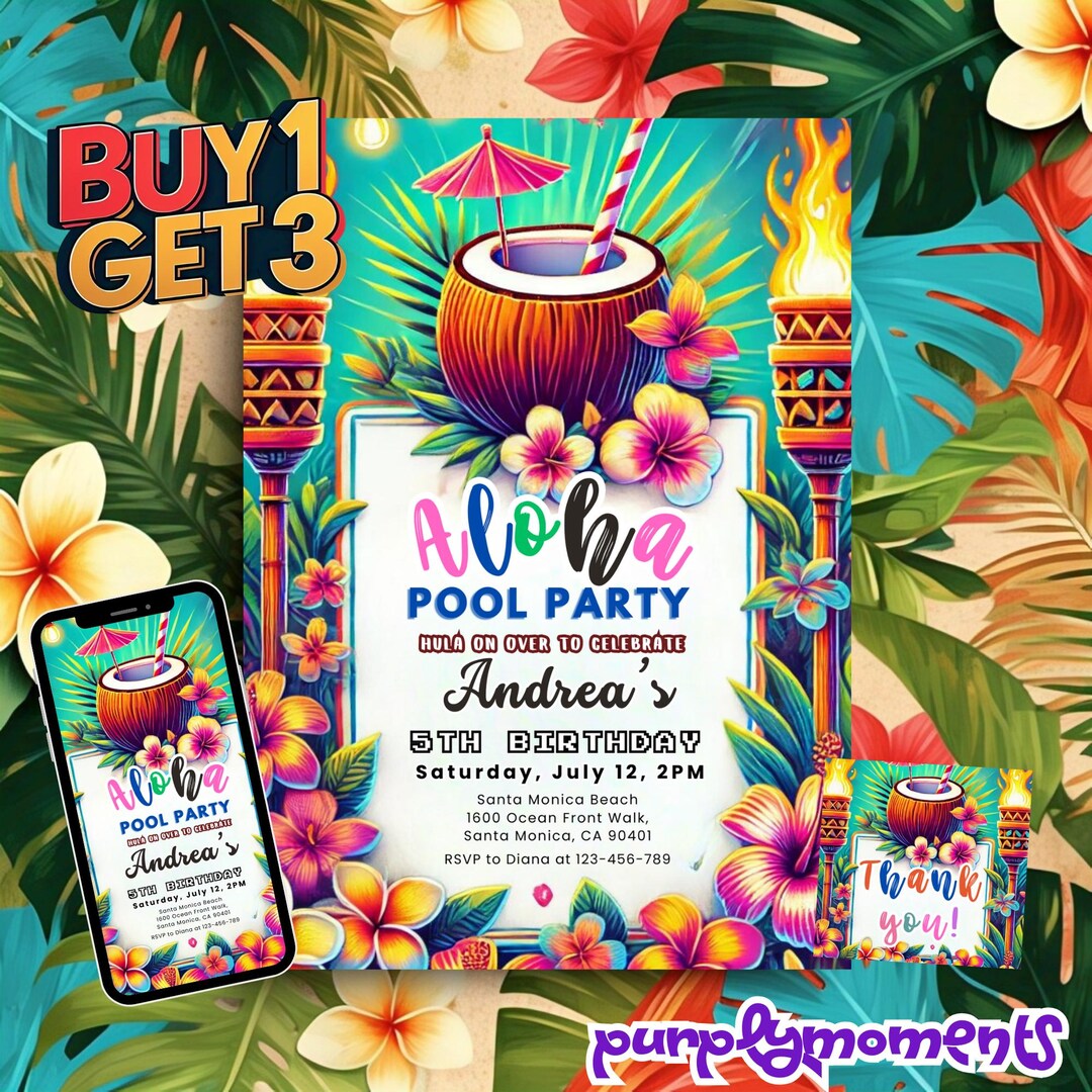 Aloha Pool Party Birthday Invitation Bundle - Tropical Luau Theme ...
