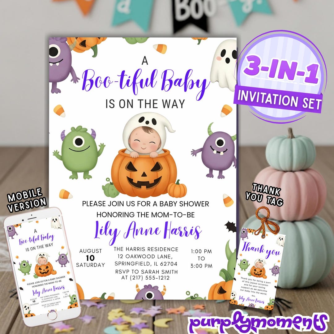 Halloween Baby Shower Invitation: 'boo-tiful' Pumpkin Theme (digital ...