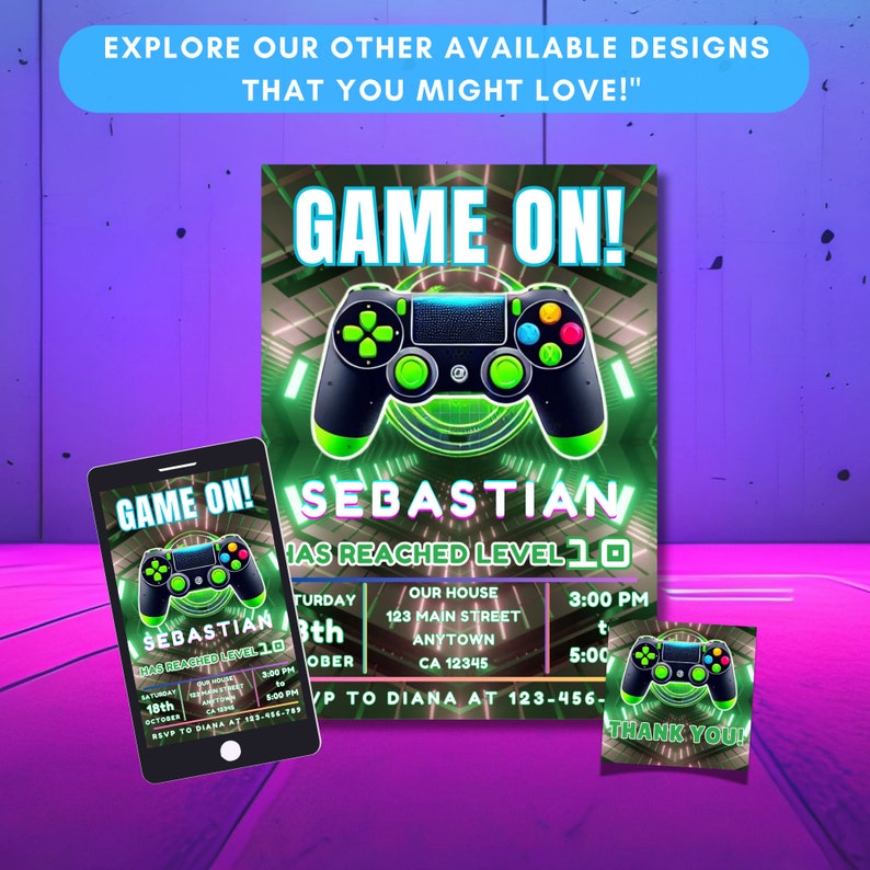 Editable Video Game Birthday Invitation: Neon Gamer Party (digital ...
