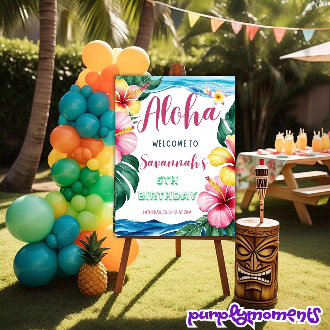 Hawaiian Luau Birthday Party Welcome Sign Tropical Aloha Theme Custom ...