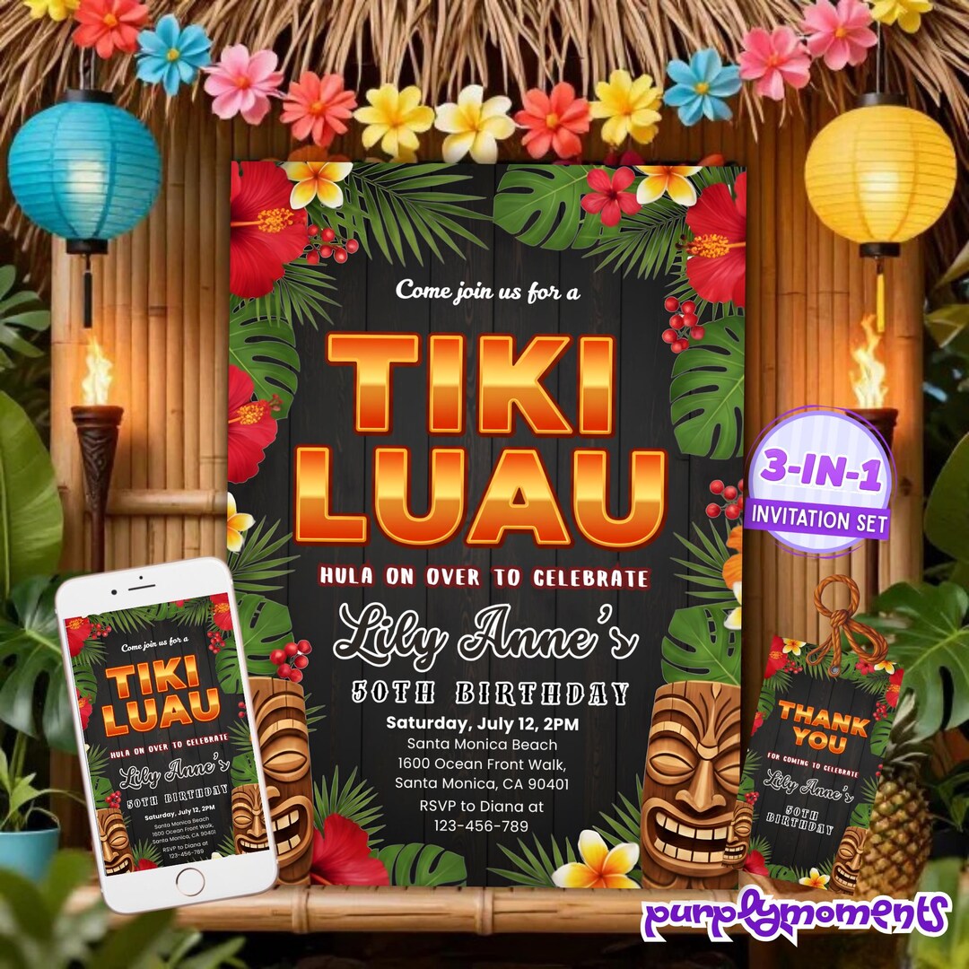 Tiki Luau Birthday Party Invitation Set Tropical Hawaiian Themed ...