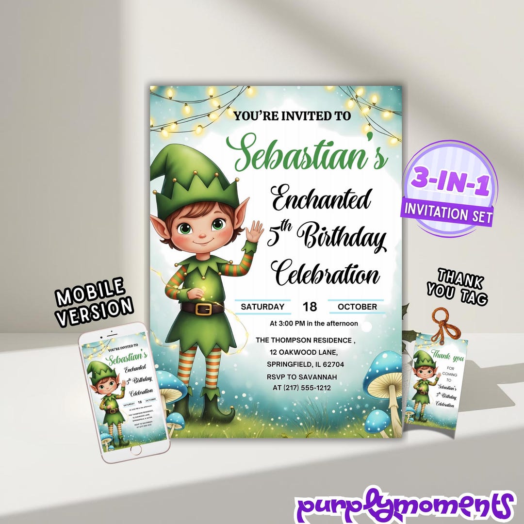Magical Elf Birthday Party Invitation Editable Canva Template Digital ...