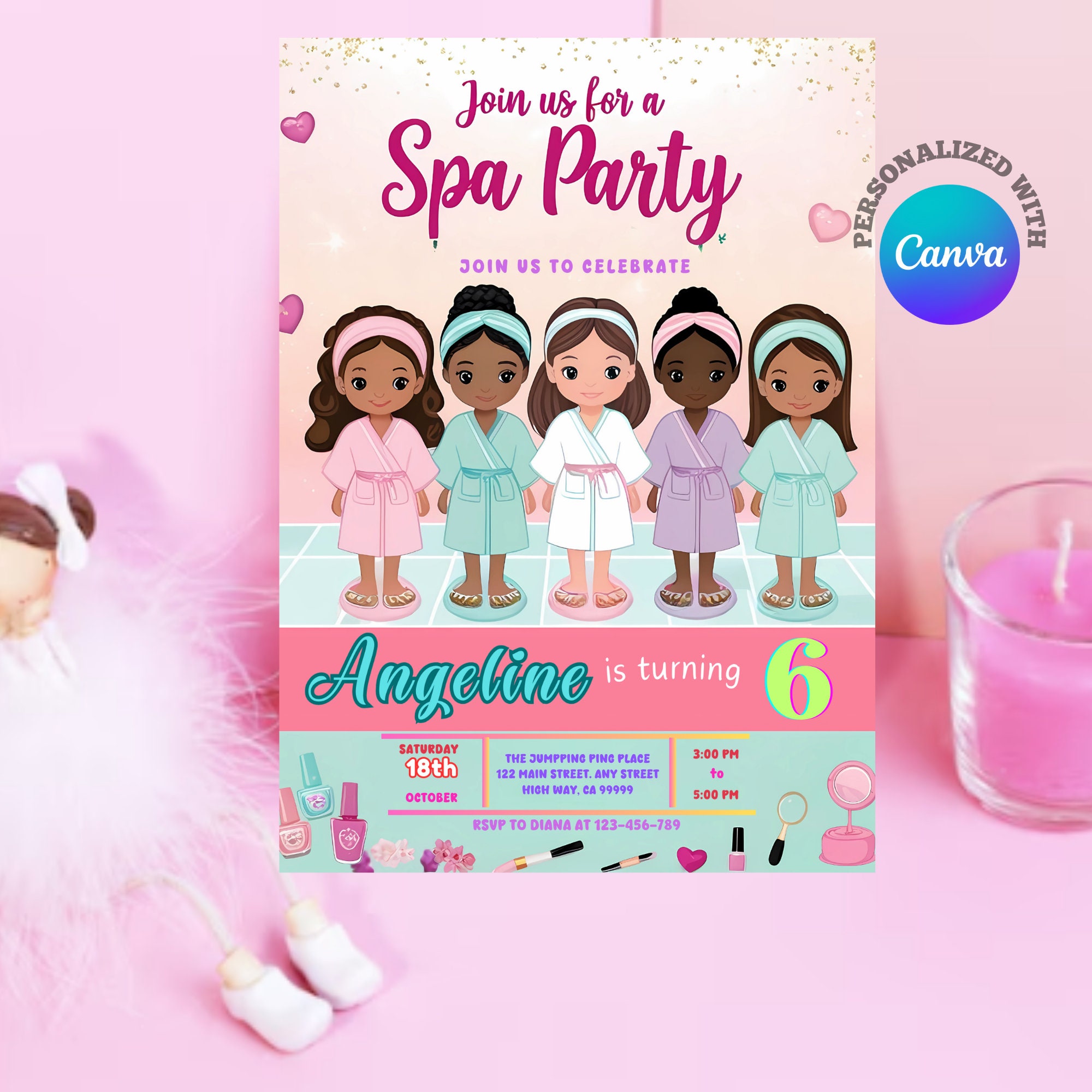Editable Spa Party Invitation Glam Pamper Tween Birthday Manicure ...