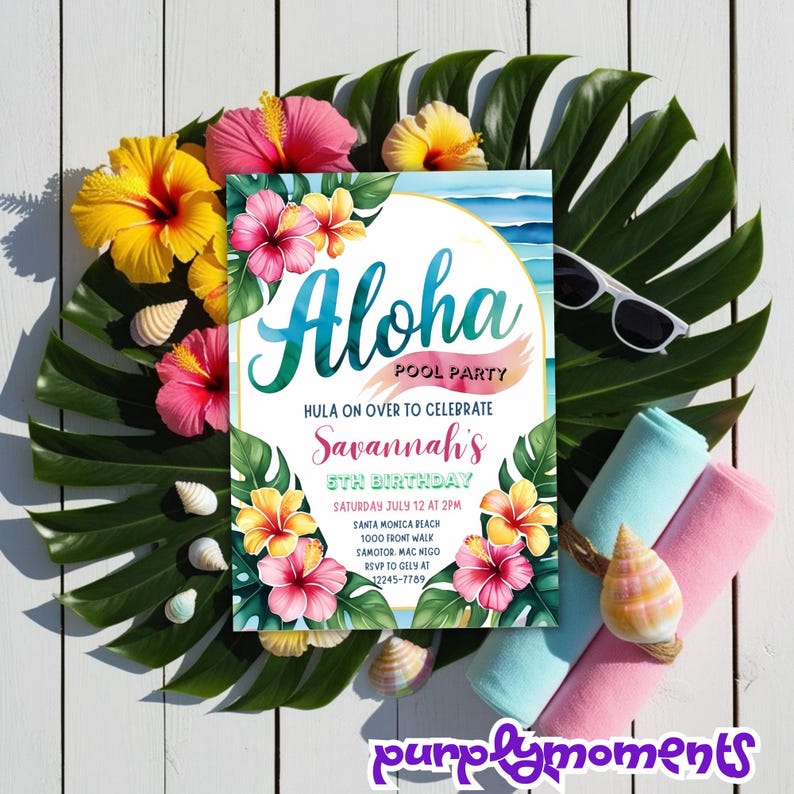 Plantilla de invitación de cumpleaños para fiesta en la piscina Aloha ...