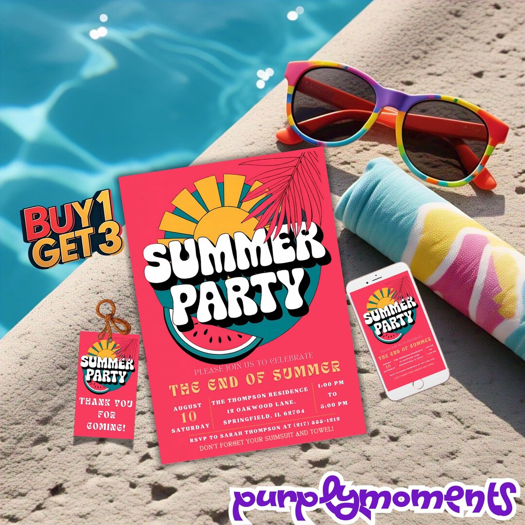 Editable Summer Party Invitation Template - Retro Beach Theme, Buy 1 ...