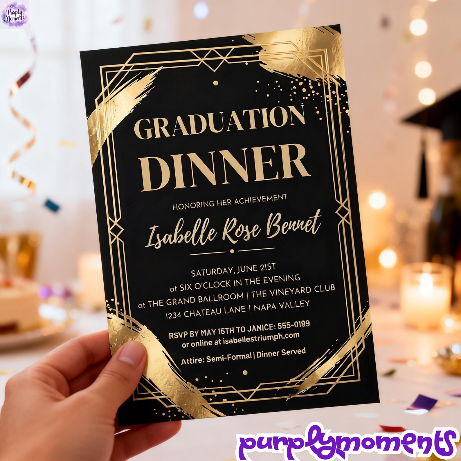 Graduation Dinner Invitation Template Black Marble Gold Foil Formal ...