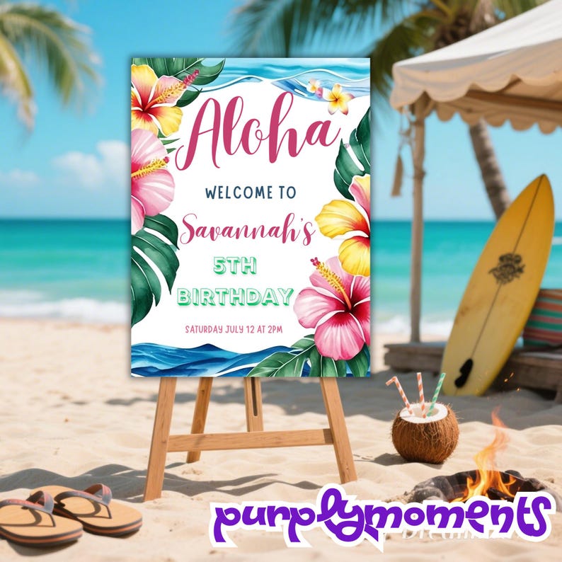 Hawaiian Luau Birthday Party Welcome Sign Tropical Aloha Theme Custom ...
