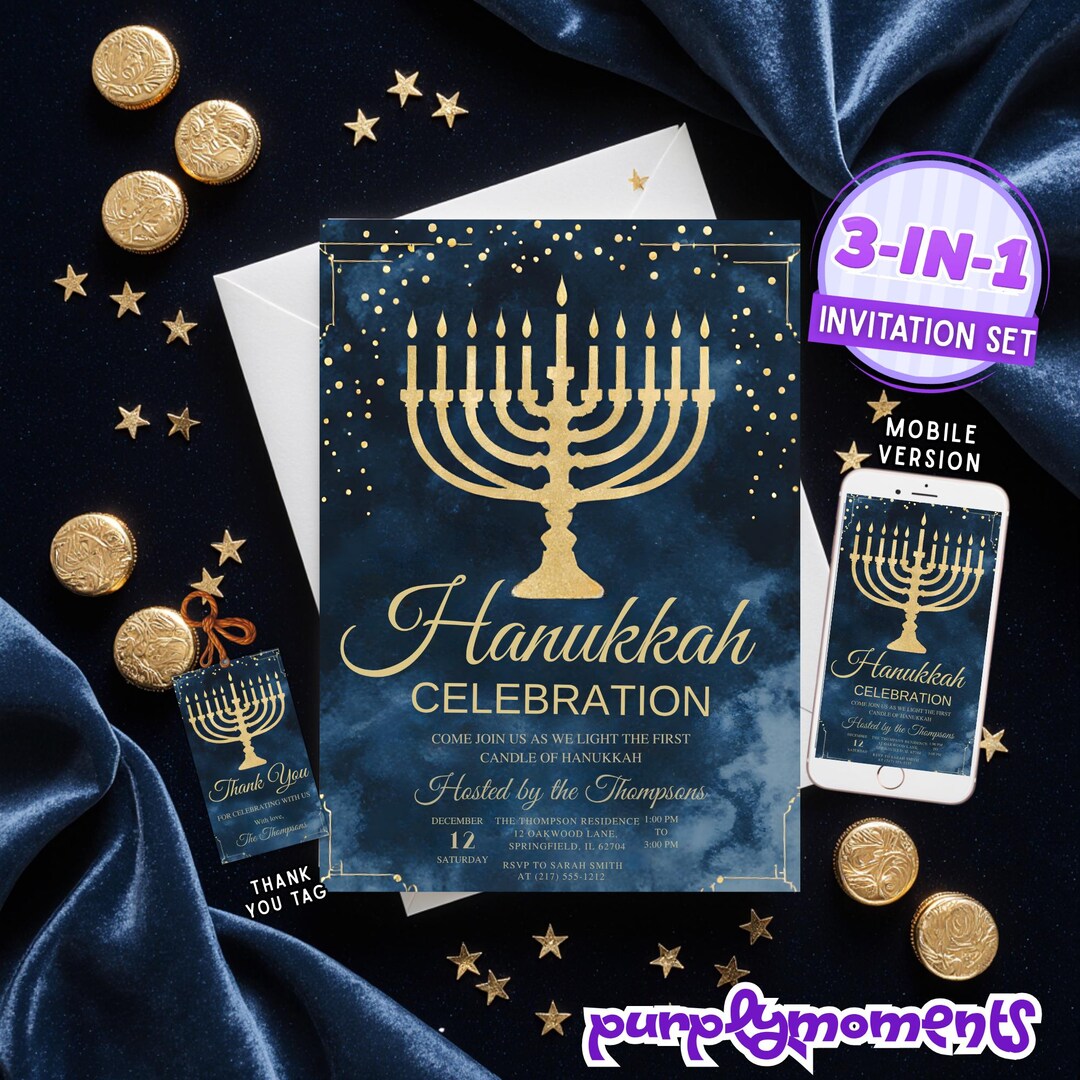 Elegant Hanukkah Party Invitation, Menorah Candle Watercolor Invite ...