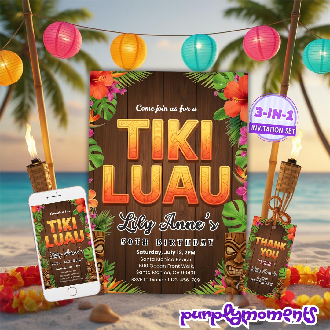 Tropical Tiki Luau Birthday Party Invitation Editable 3-in-1 Set ...