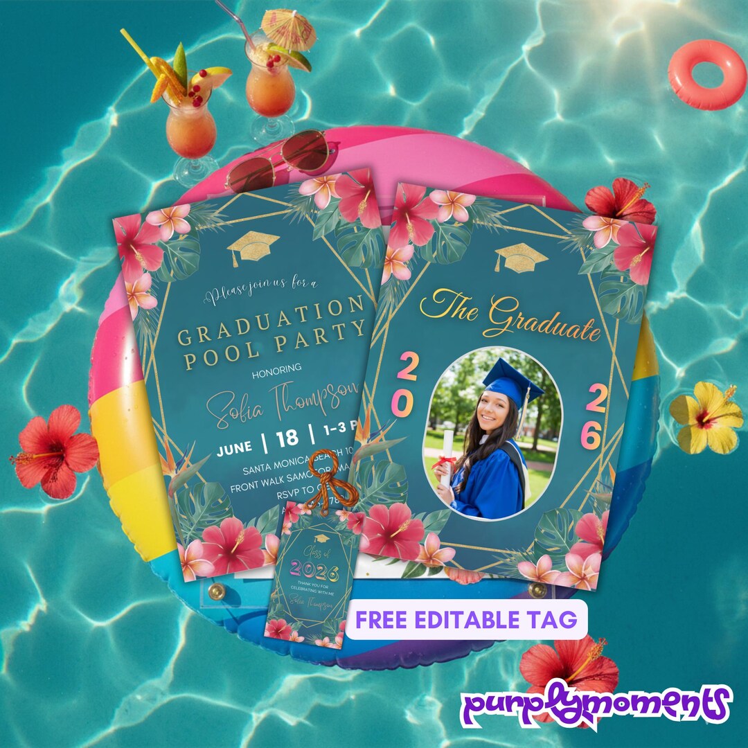 Graduation Pool Party Invitation 2026 Editable Template Tropical Floral ...