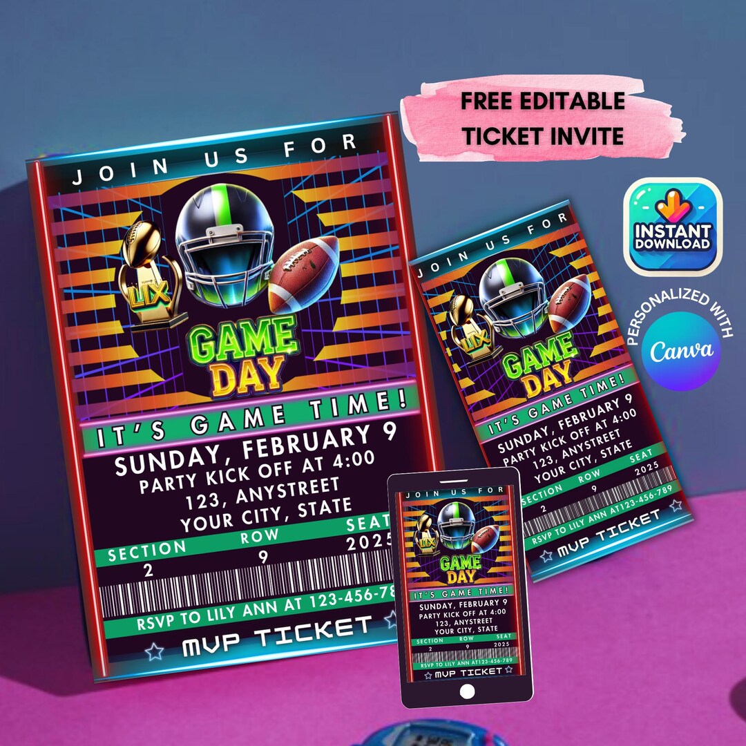 Football Party Invitation Big Game Ticket Invite Editable Canva ...