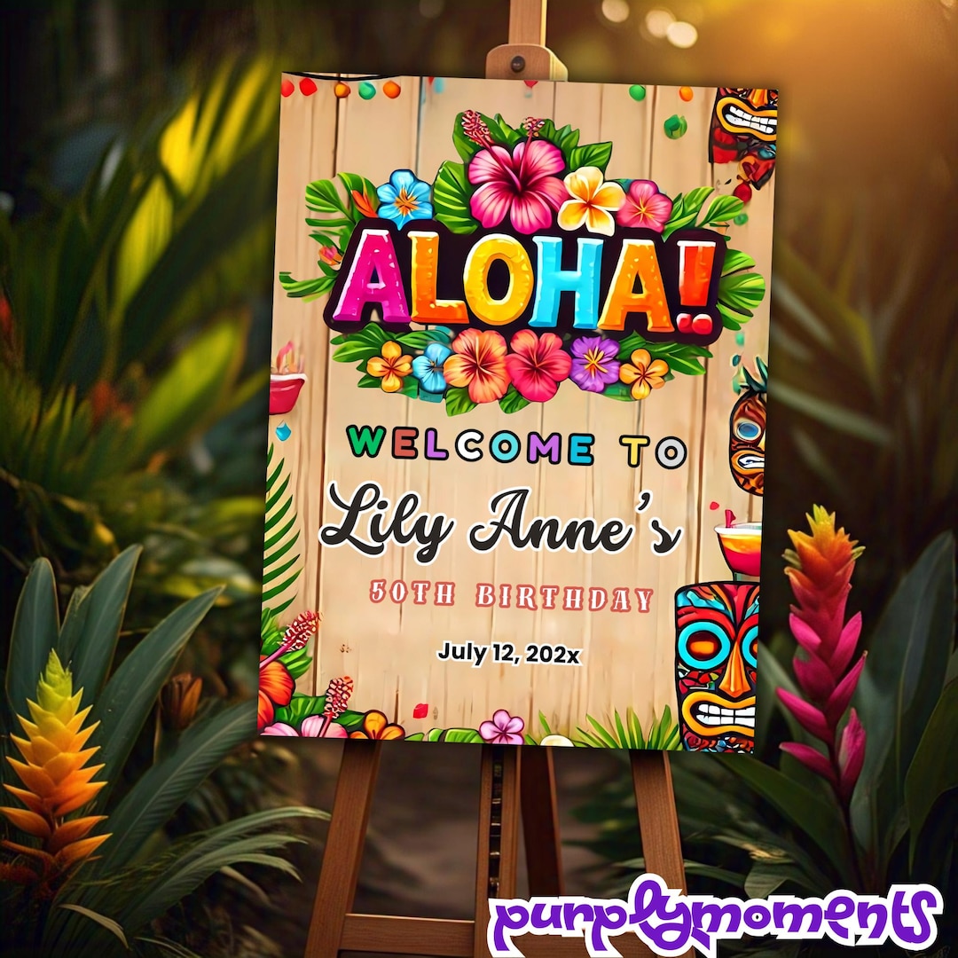 Aloha Welcome Sign Brown Boho Editable Canva, Tiki Luau Party Sign ...