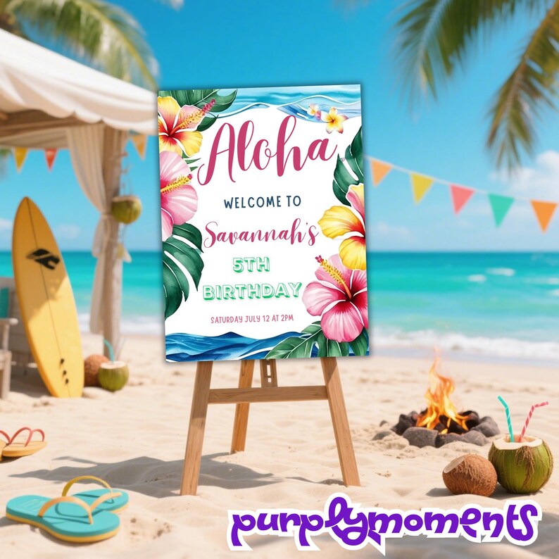 Hawaiian Luau Birthday Party Welcome Sign Tropical Aloha Theme Custom ...