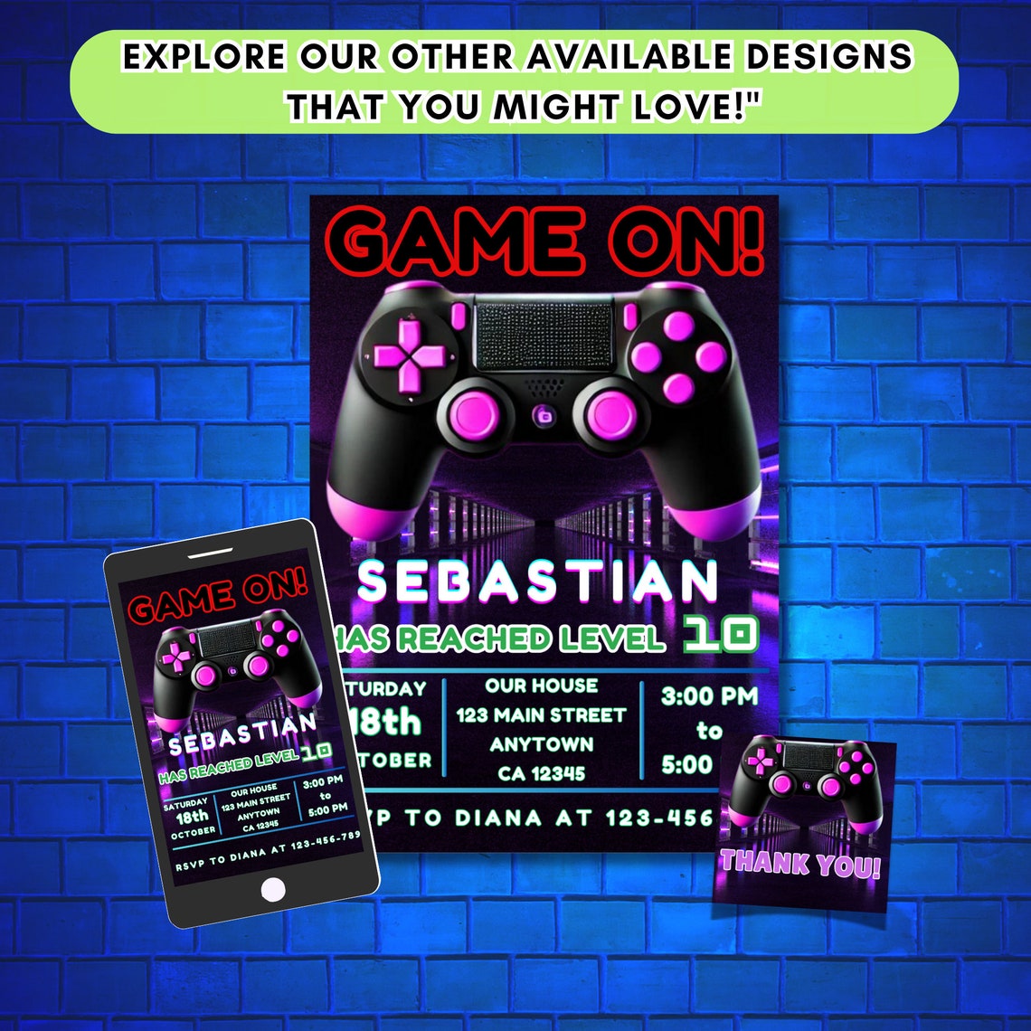 Editable Video Game Birthday Invitation: Neon Gamer Party (digital ...