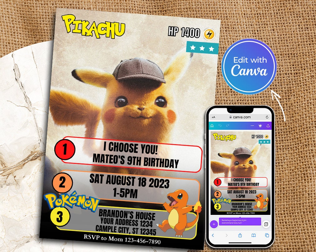 Pikachu Card Birthday Invitation Pokemon Evite Pokemone Birthday ...