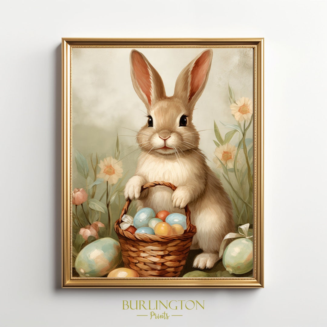 Cute Bunny With Easter Basket Wall Art Easter Oil Painting Printable ...