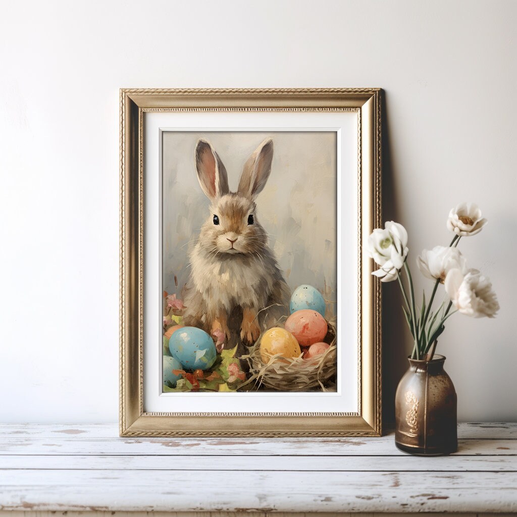Cute Bunny With Easter Eggs Wall Art Easter Oil Painting Printable ...