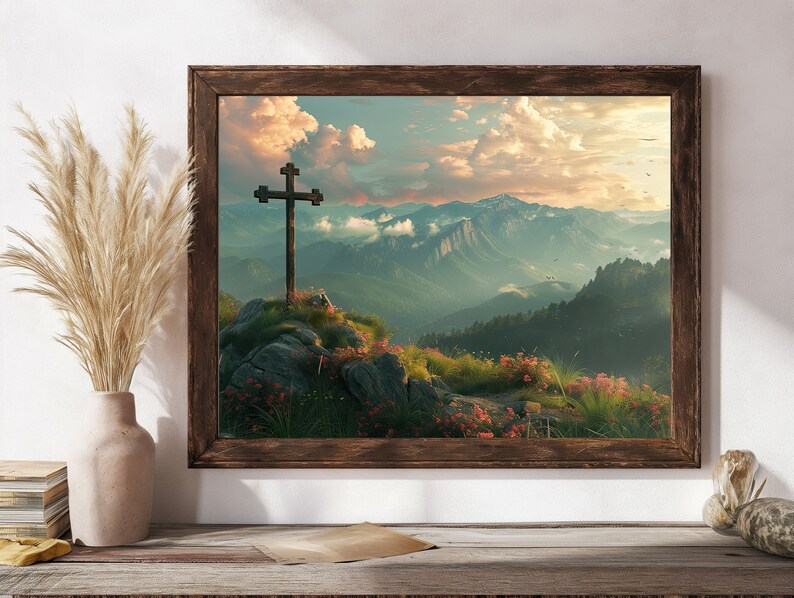 Printable Cross on Mountain Landscape Vintage Digital Print Religious ...
