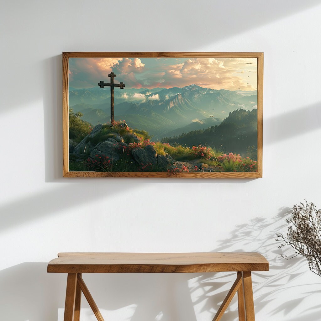 Printable Cross on Mountain Landscape Vintage Digital Print Religious ...