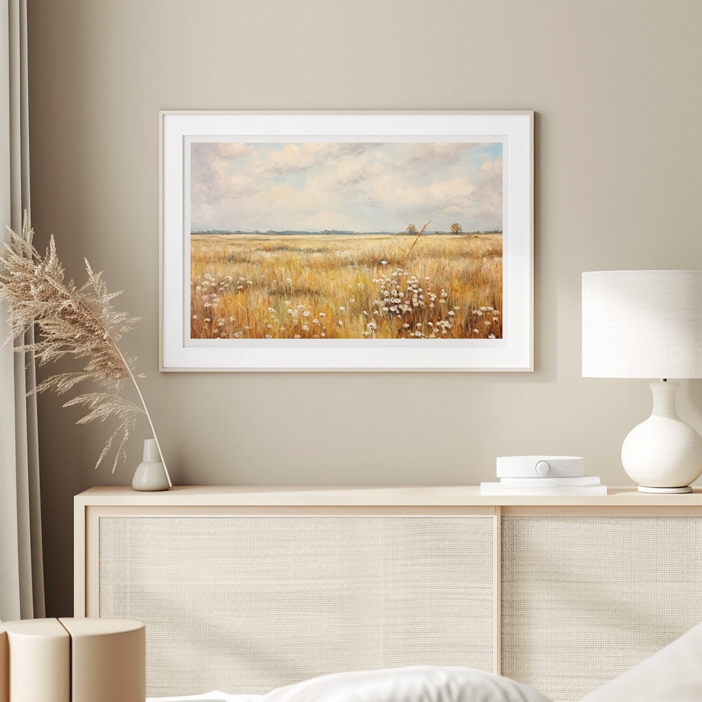 Printable Wheatfield With Wildflowers Oil Painting Vintage Digital ...
