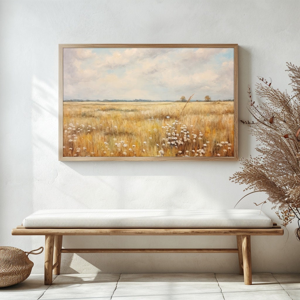 Printable Wheatfield With Wildflowers Oil Painting Vintage Digital ...