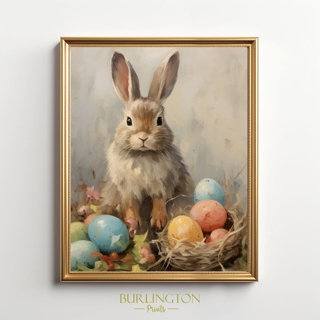 Cute Bunny With Easter Eggs Wall Art Easter Oil Painting Printable ...