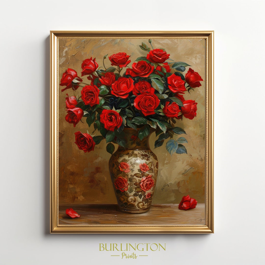 Red Rose Vase Printable Digital Wall Art Vintage Flower Art Print ...