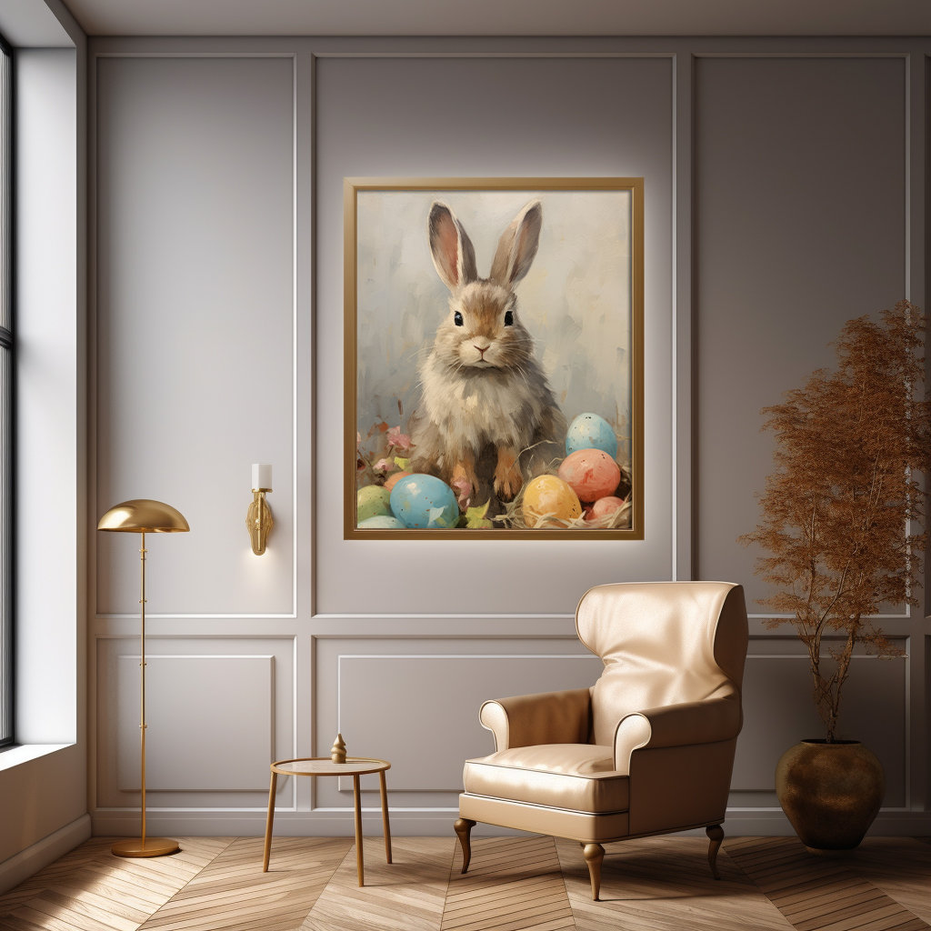 Cute Bunny With Easter Eggs Wall Art Easter Oil Painting Printable ...