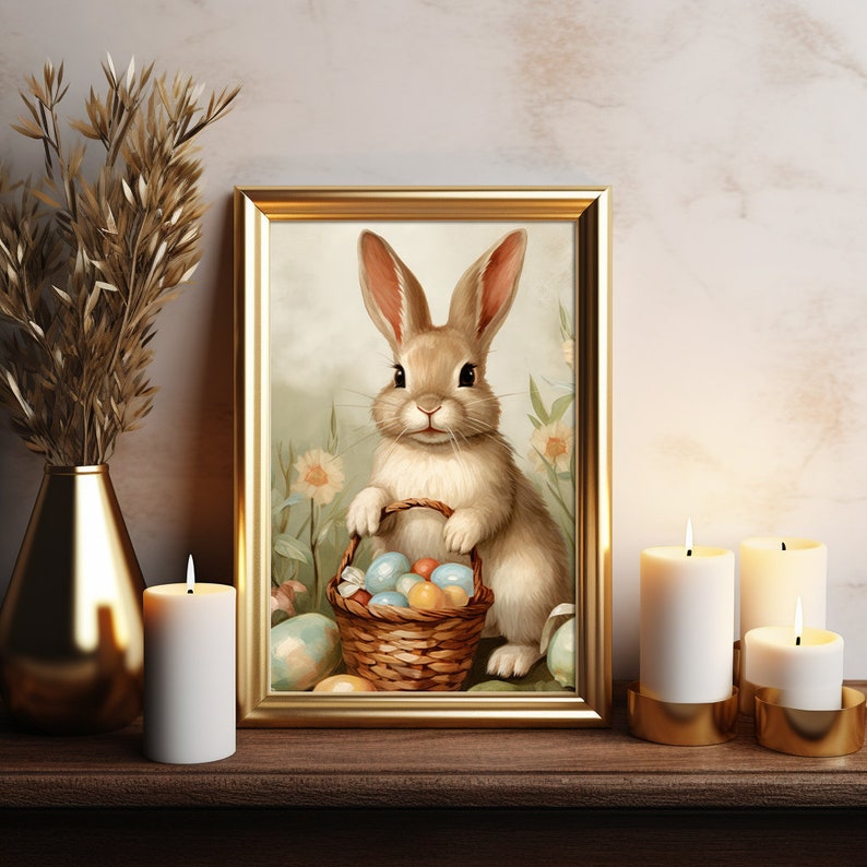 Cute Bunny With Easter Basket Wall Art Easter Oil Painting Printable ...