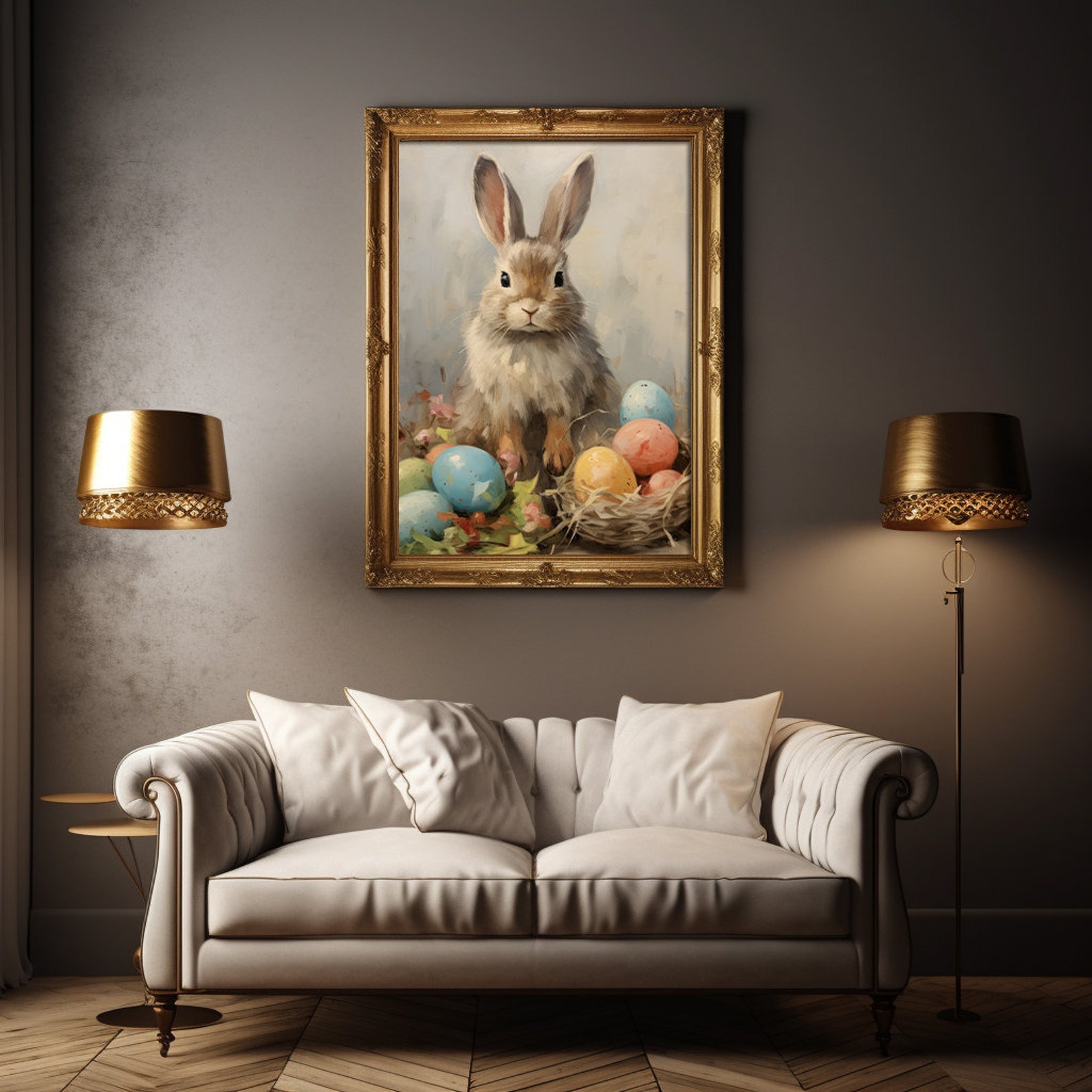 Cute Bunny With Easter Eggs Wall Art Easter Oil Painting Printable ...