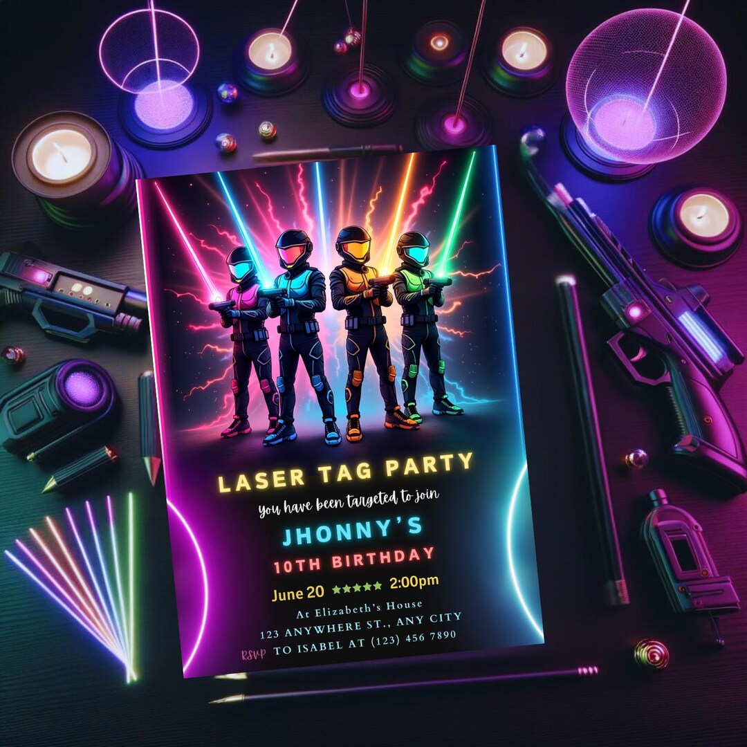 Laser Tag Party Invitation, Neon Birthday Party Invite, Glow Laser Tag ...