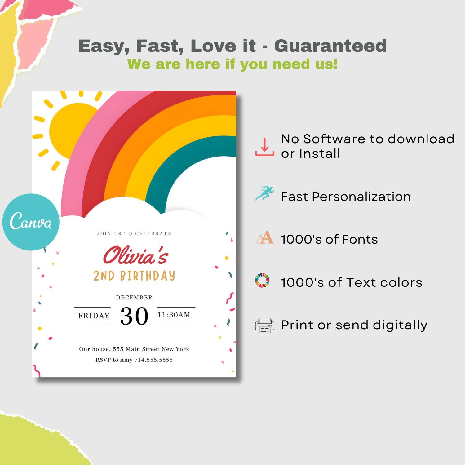 Editable Rainbow Birthday Invitation: Electric Pop Clouds Theme ...