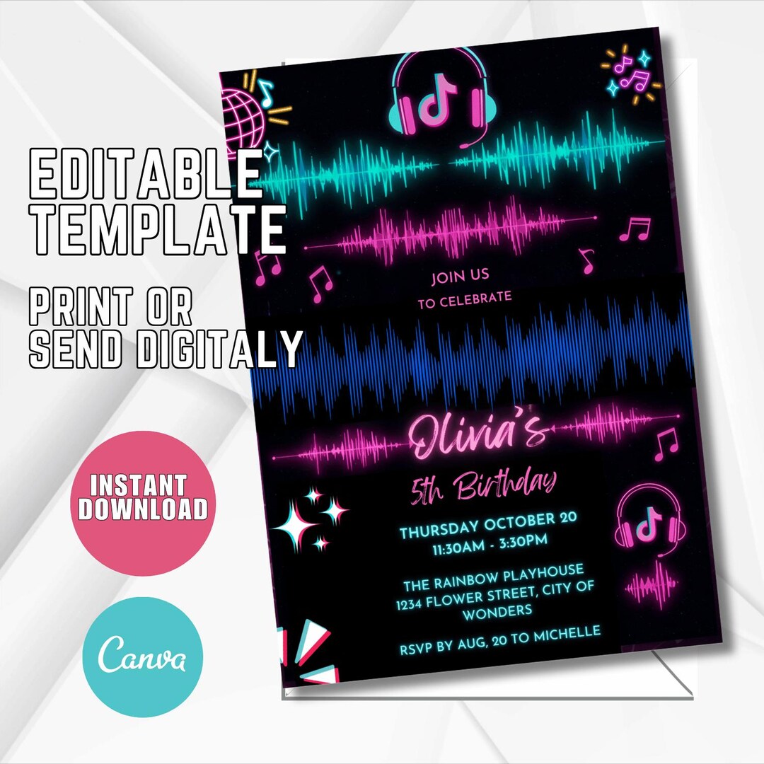 Editable Tiktok Birthday Invitation, Music Party Invite, Social Media ...