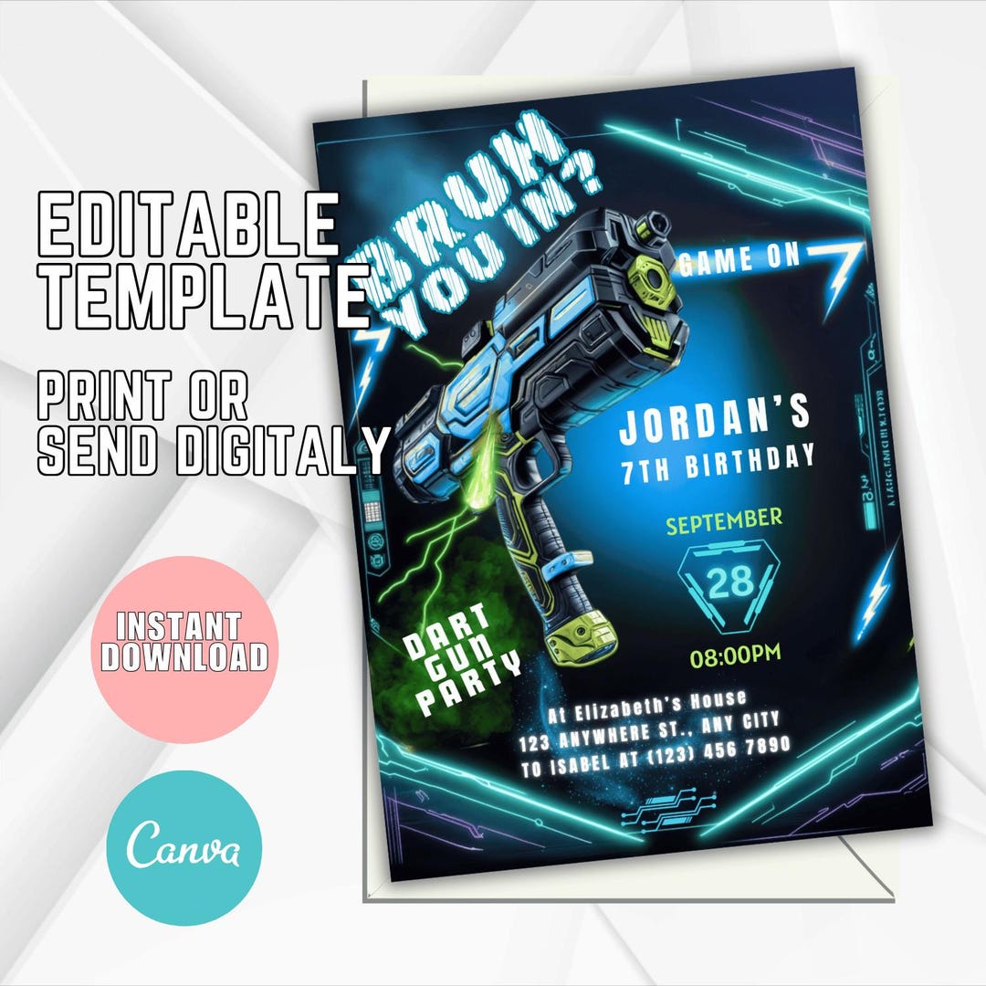 Nerf Birthday Invitation Template: Editable Dart Battle Party Invite ...
