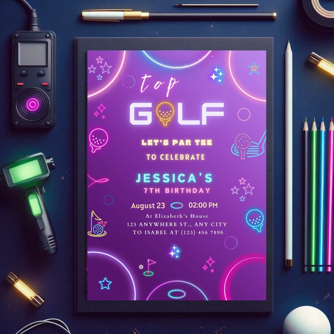 Golf Birthday Invitation Template, Neon Party Editable, Girl Golf Party ...