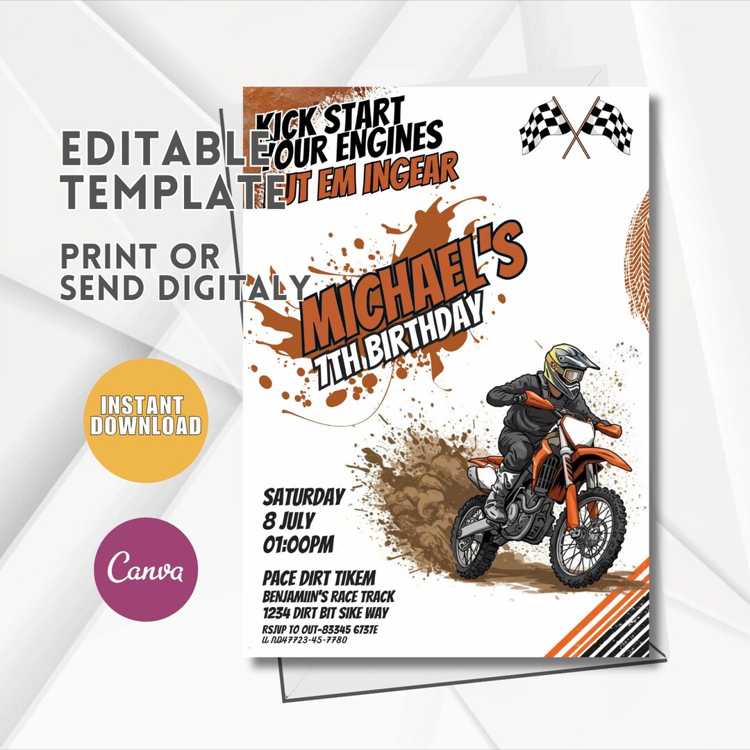 Editable Motocross Birthday Invitation, Dirt Bike Party Template ...