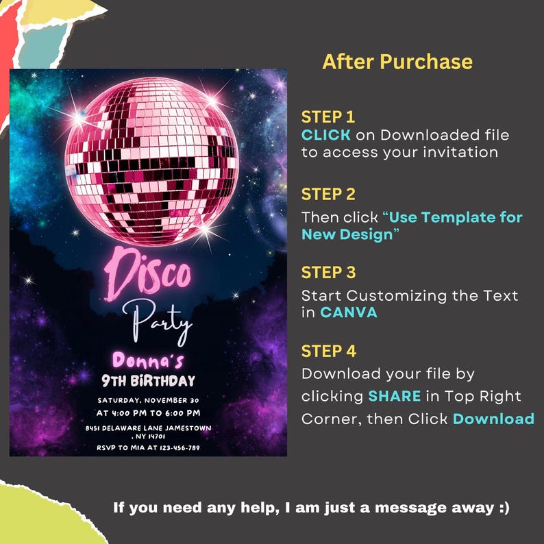 Editable Disco Ball Birthday Invitation: Neon 80s Party (digital ...