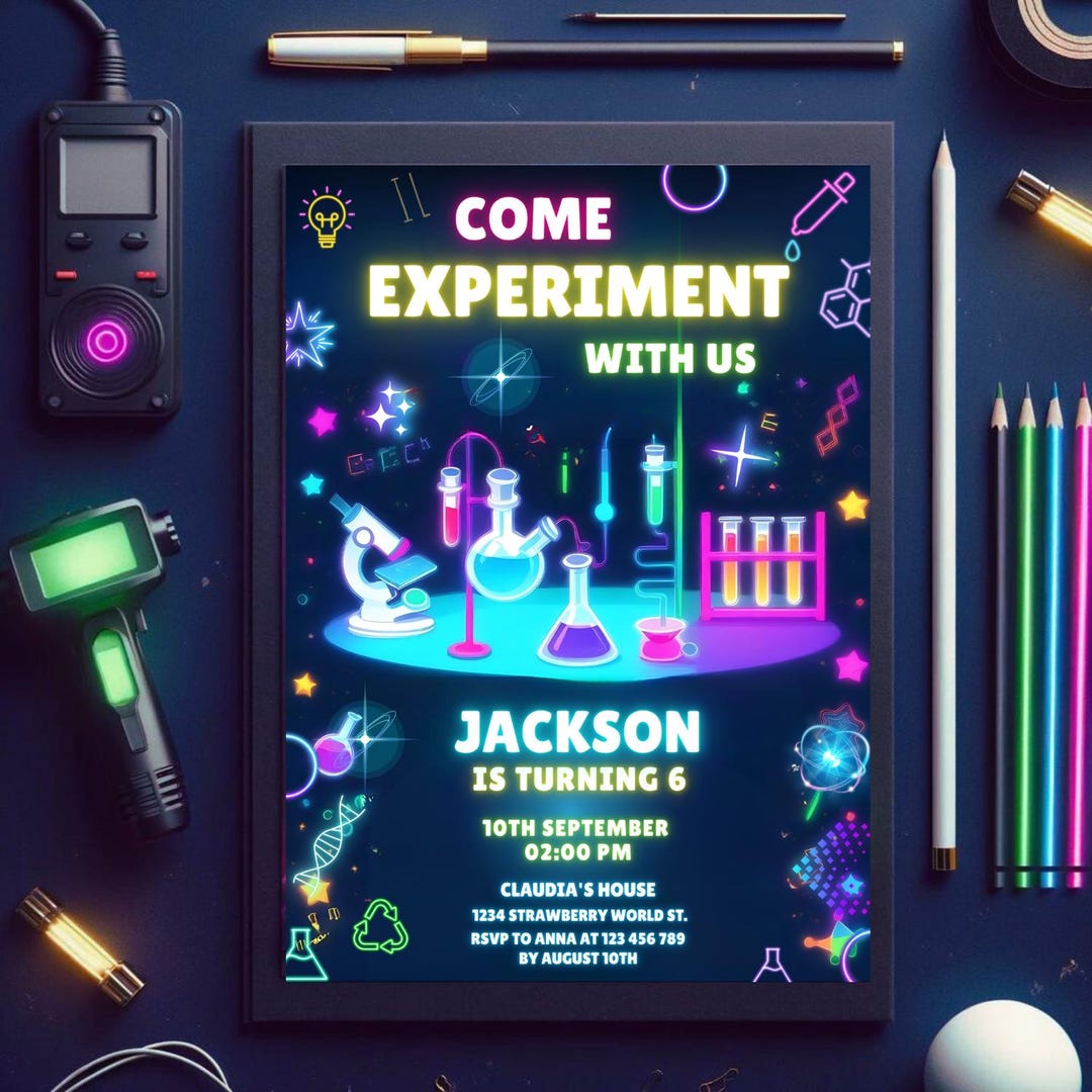 Editable Mad Science Birthday Invitation: Neon Lab Party (instant ...