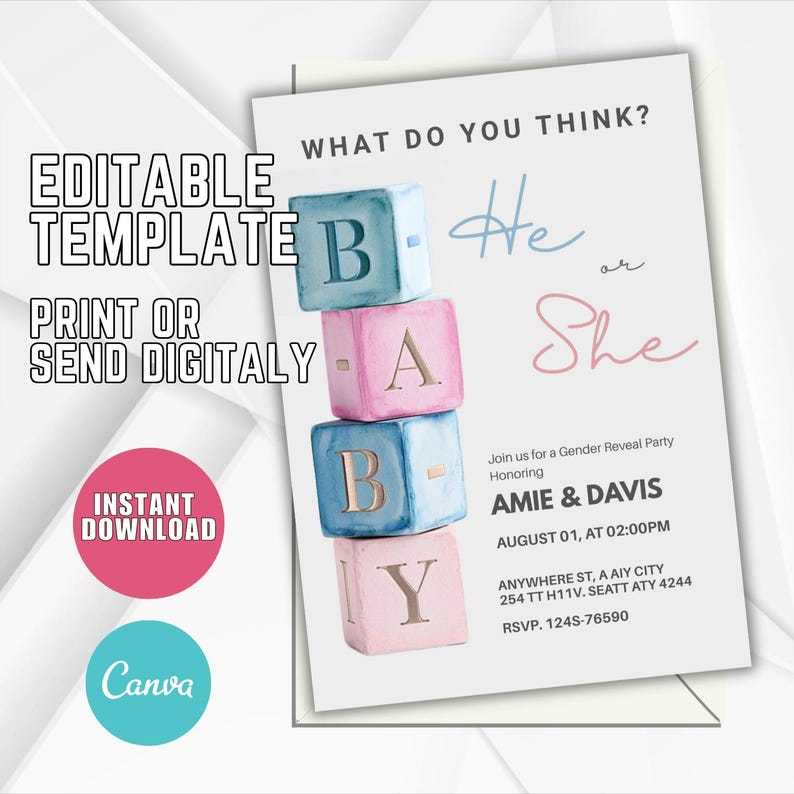 Pink and Blue Blocks Gender Reveal Invitation (editable Template) - Etsy