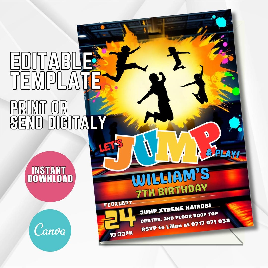 Editable Jump Party Birthday Invitation, Trampoline Bounce House Theme ...