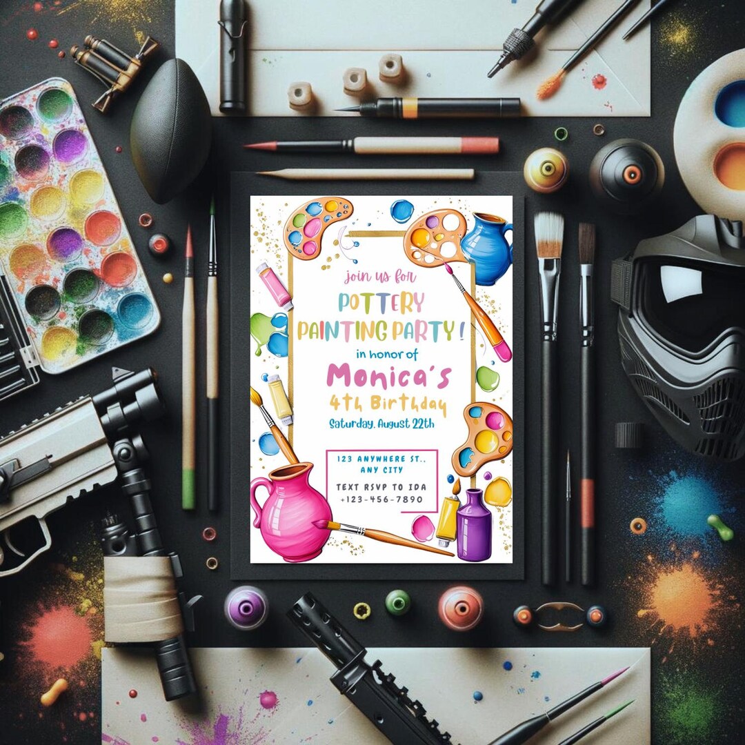 Pottery Painting Party Invitation: Editable Rainbow Art Birthday ...