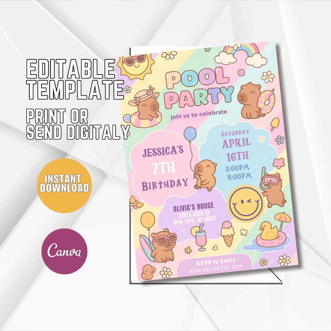 Capybara Pool Party Birthday Invitation, Editable Template (digital ...