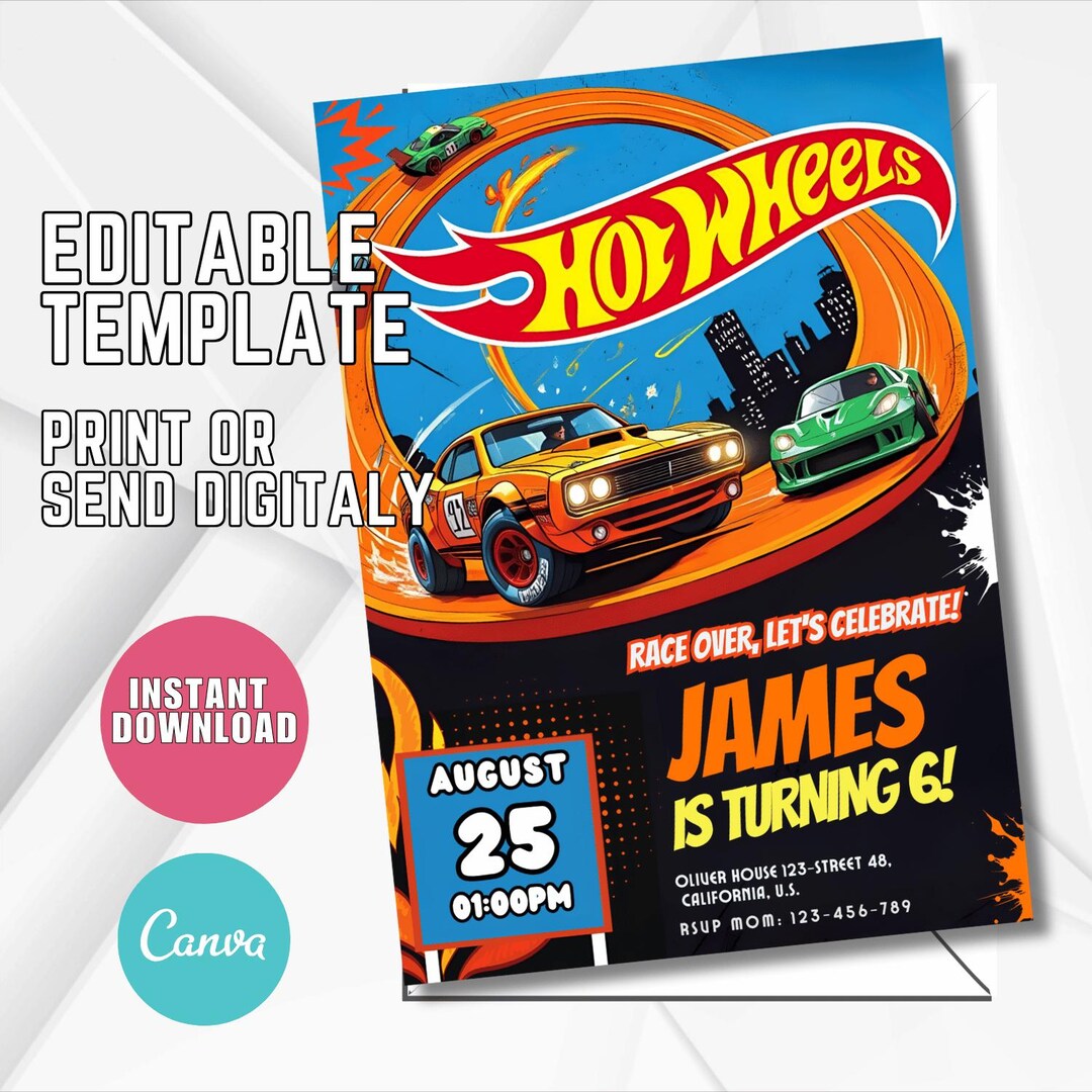 Editable Hot Wheels Birthday Invitation, Race Car Party Invite, Hot ...