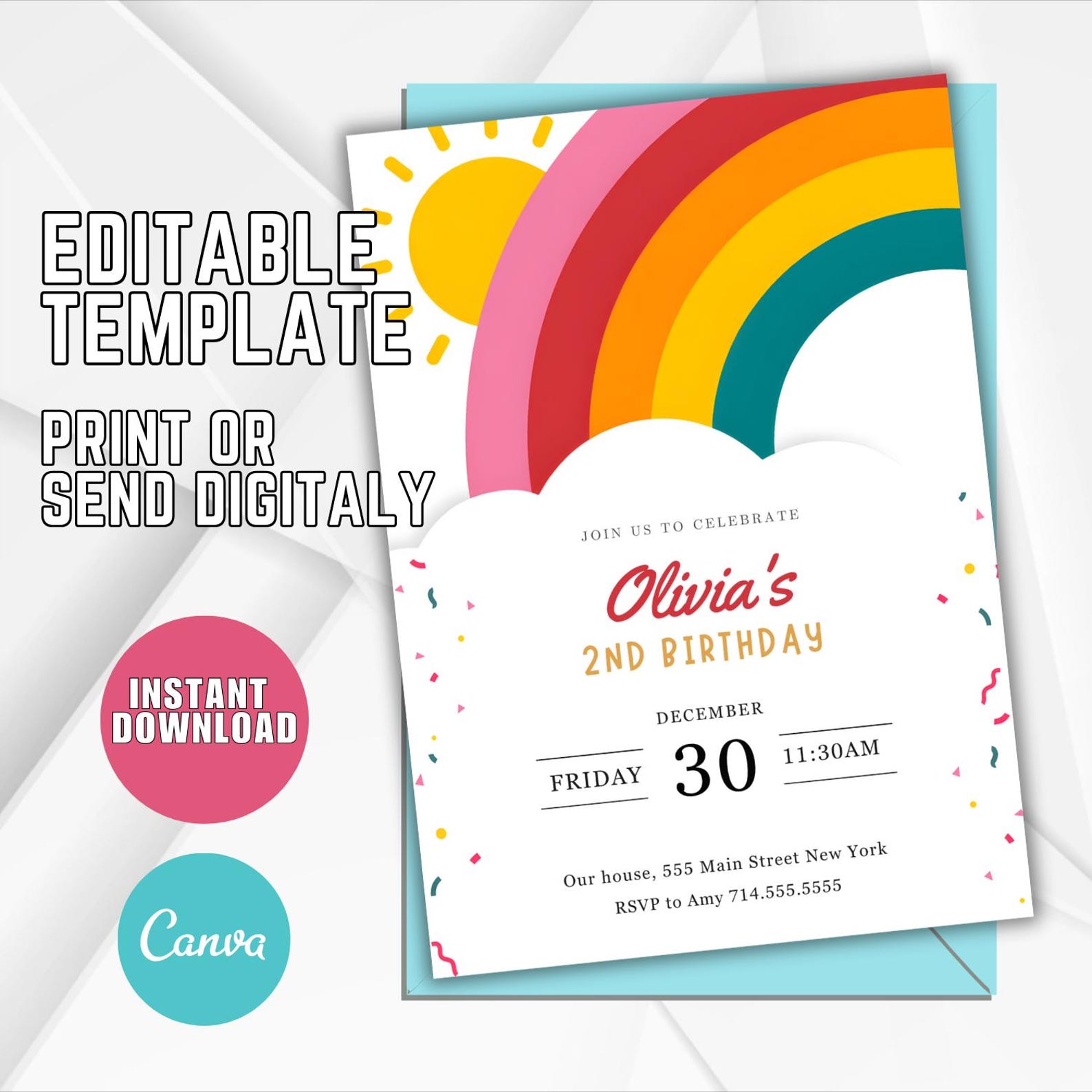 Editable Rainbow Birthday Invitation: Electric Pop Clouds Theme ...